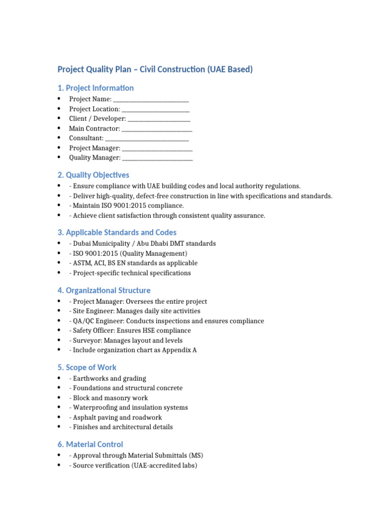 Civil Construction Quality Plan UAE | PDF | Quality Assurance ...