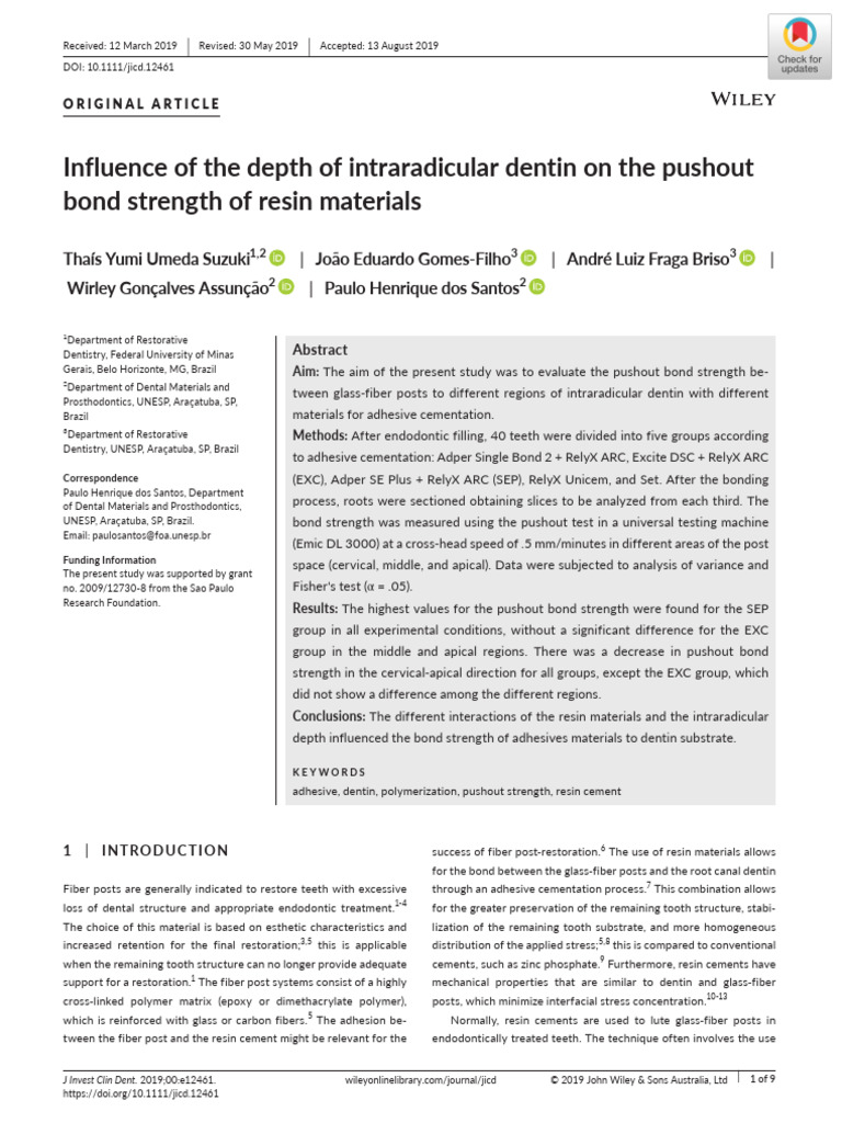 Influence of The Depth of Intraradicular Dentin On The Pushout Bond ...