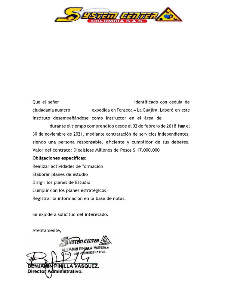 Certificación Laboral de Alexander Villalba | PDF