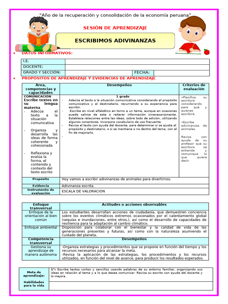 1°u3 S1 Sesion D3 Com Escribimos Adivinanzas | PDF | Aprendizaje