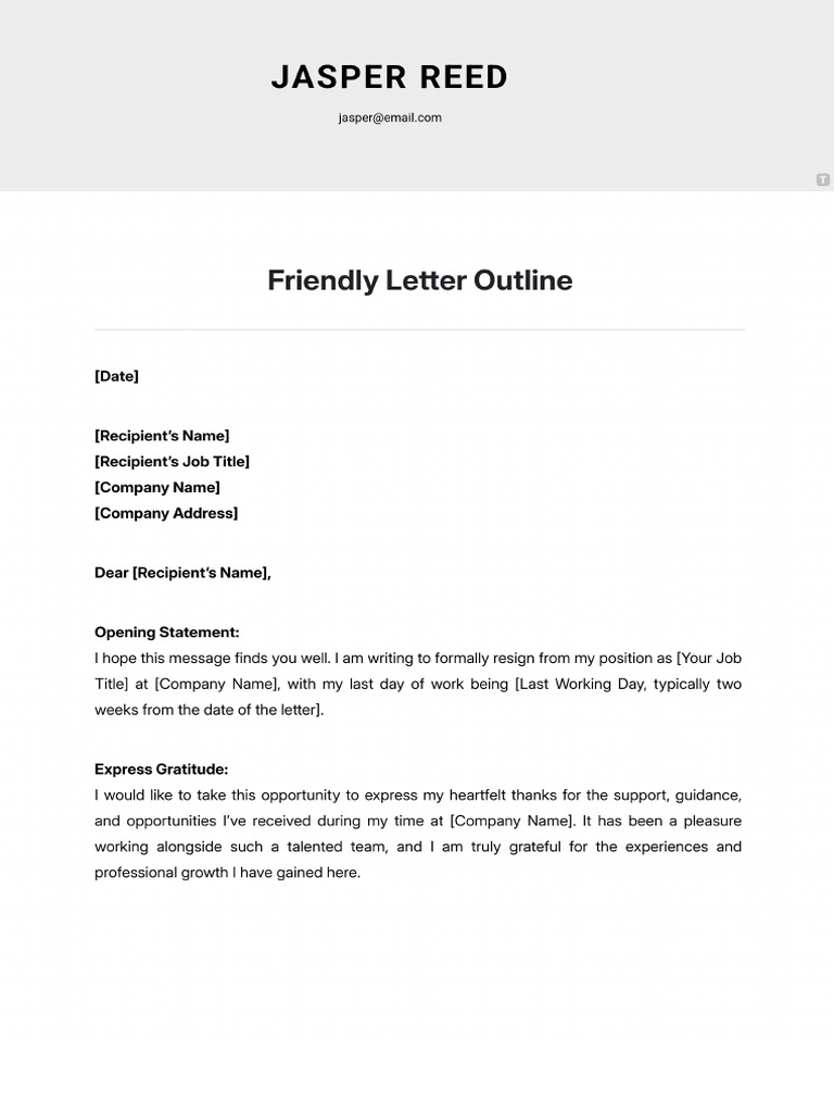 Friendly Resignation Letter Outline Template | PDF