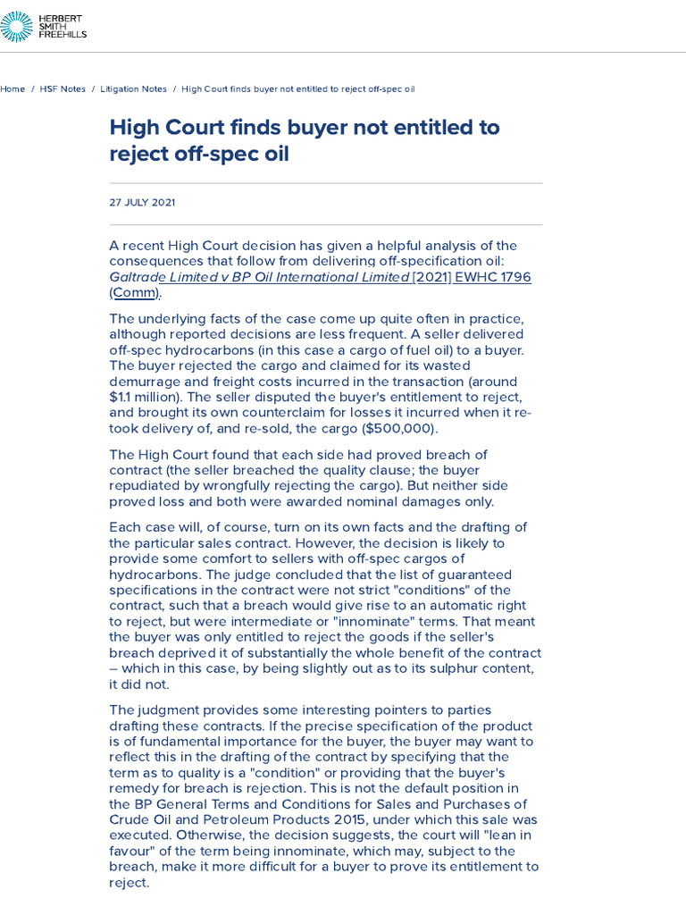 Galtrade V BP - 2021 - Off-Spec Rejection | PDF | Breach Of Contract | Damages