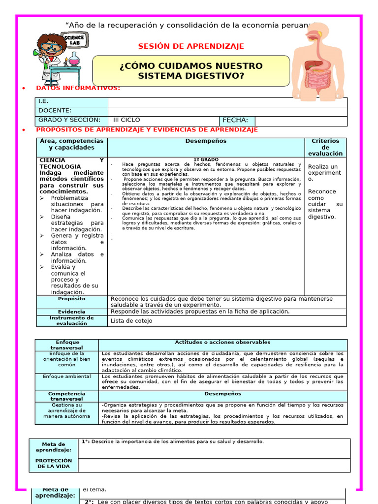 1°u3 S1 Sesion D3 CT Cuidados Del Sistema Digestivo | PDF | Aprendizaje | Refresco