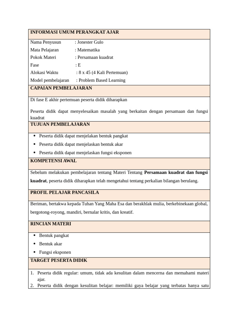 Modul Ajar Persamaan Dan Fungsi Kuadrat | PDF
