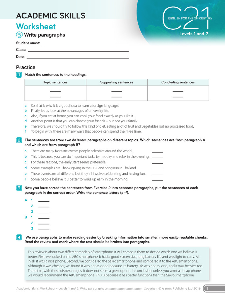 C21 L1+2 Academic Skills Worksheet Write Paragraphs | PDF | Paragraph