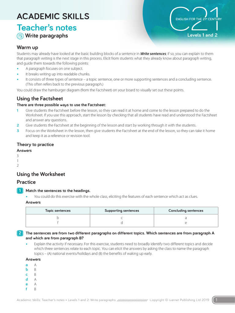 C21 L1+2 Academic Skills Teachers Notes Write Paragraphs | PDF ...