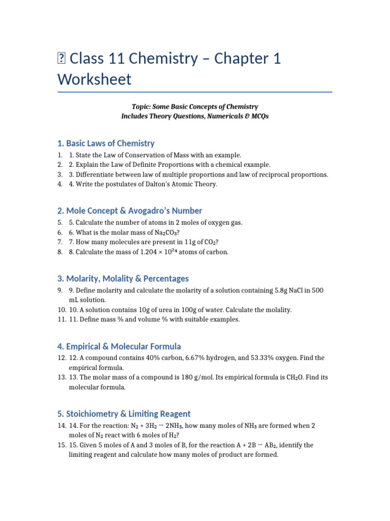 Chemistry Ch1 Chapter Worksheet Class11 | PDF