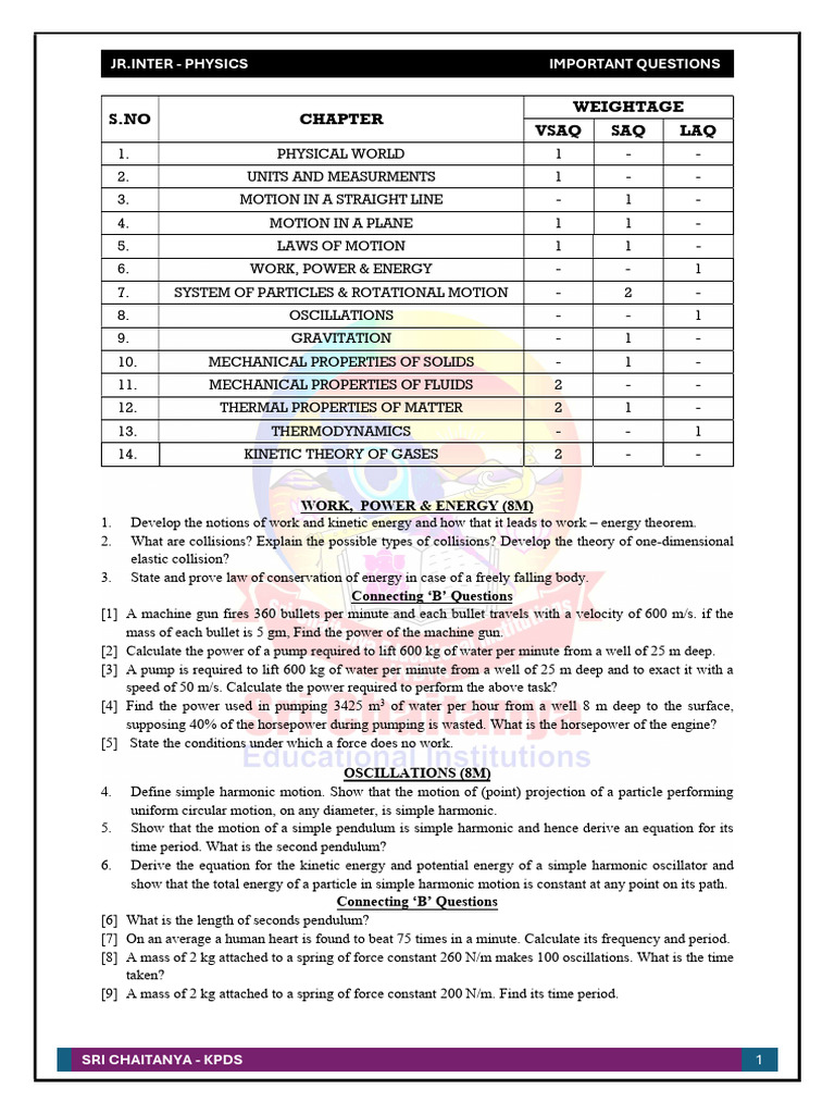 JR - Inter - Physics Important Questions | PDF | Gases | Force