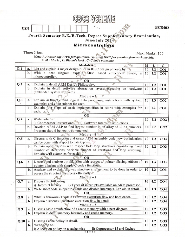 Microcontroller (BCS402) Question Papers | PDF