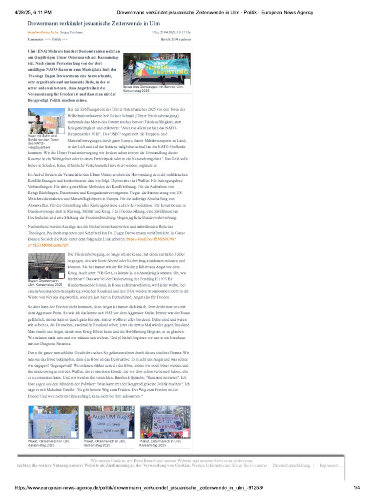 Drewermann Ulm Ostermarsch 11 Uhr Demonstration Vor Wilhelmsburgkaserne Stuttgarter STR 199 1230 ...