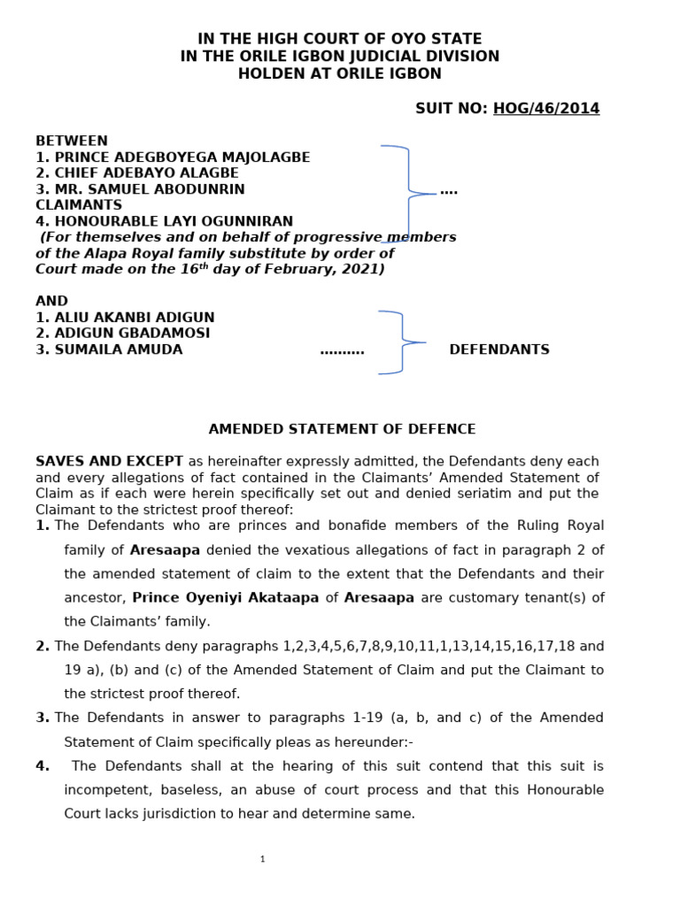 Amended Statement of Defence | PDF | Justice | Crime & Violence