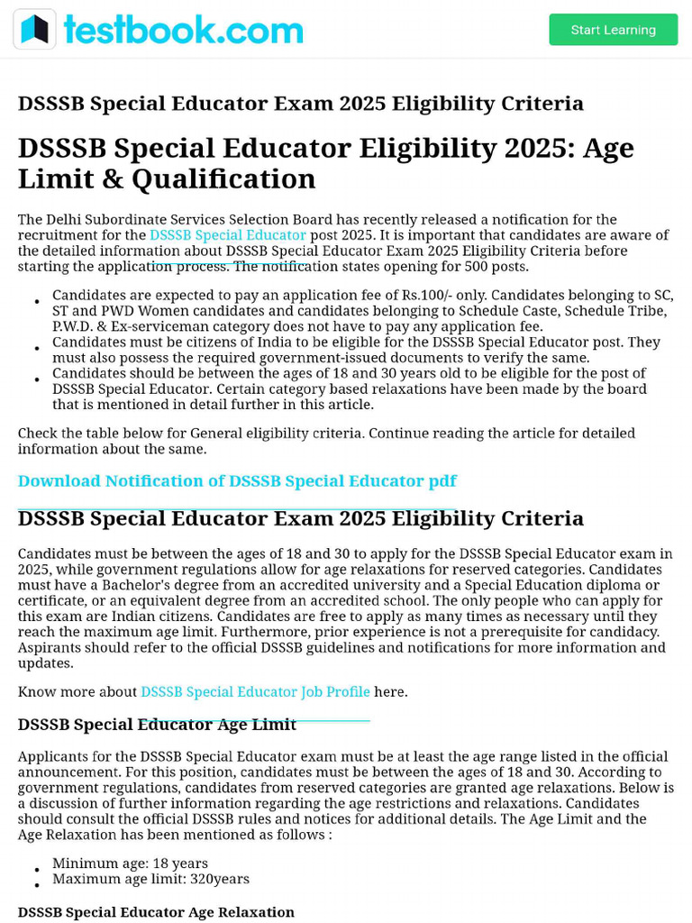 DSSSB Special Educator Exam 2025 Eligibility Criteria | PDF