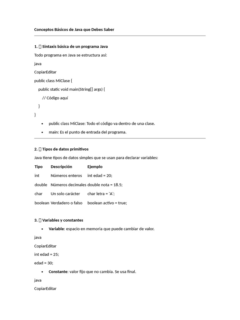 Conceptos Básicos de Java Que Debes Saber | PDF | Java (lenguaje de programación) | Tipo de datos