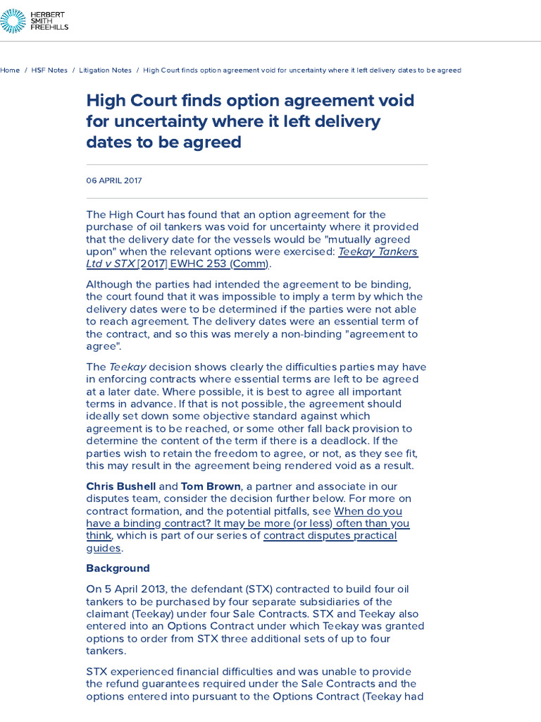 High Court Finds Option Agreement Void For Uncer | PDF | Contractual Term | Civil Law (Legal System)