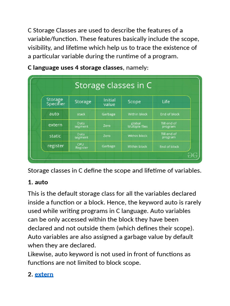 C Storage Classes Are Used To Describe The Features of A Variable | PDF | Scope (Computer ...