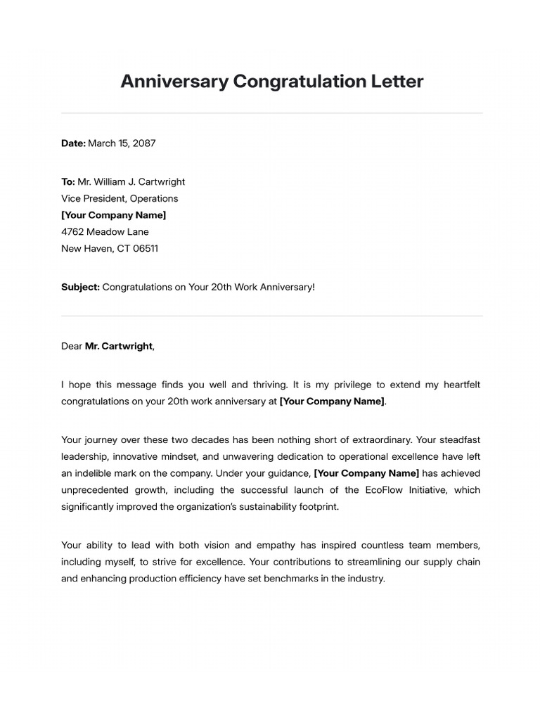 Anniversary Congratulation Letter Template | PDF