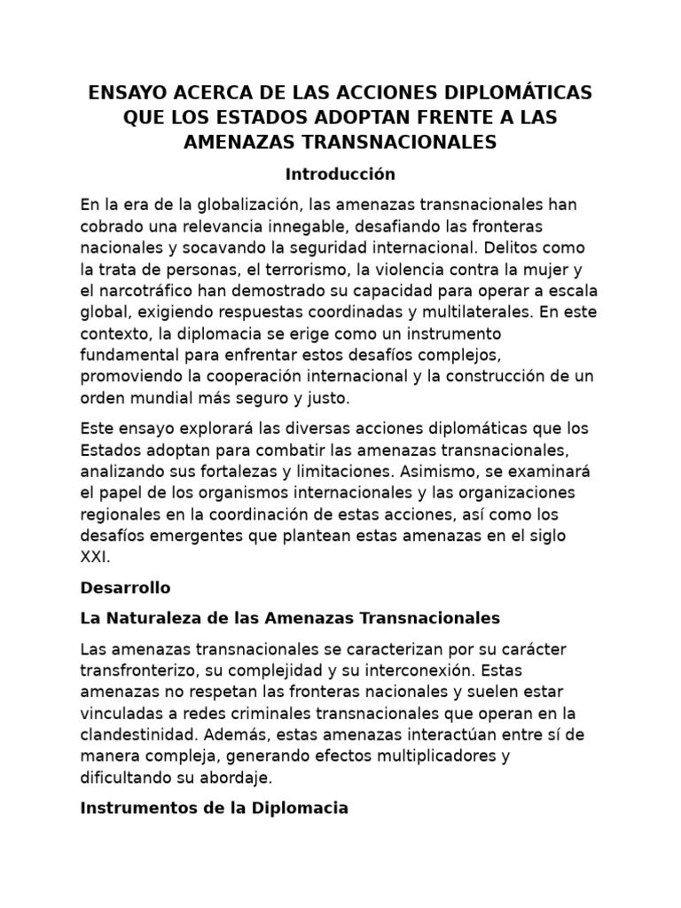 Ensayo Acerca de Las Acciones Diplomáticas Que Los Estados Adoptan Frente A Las Amenazas ...