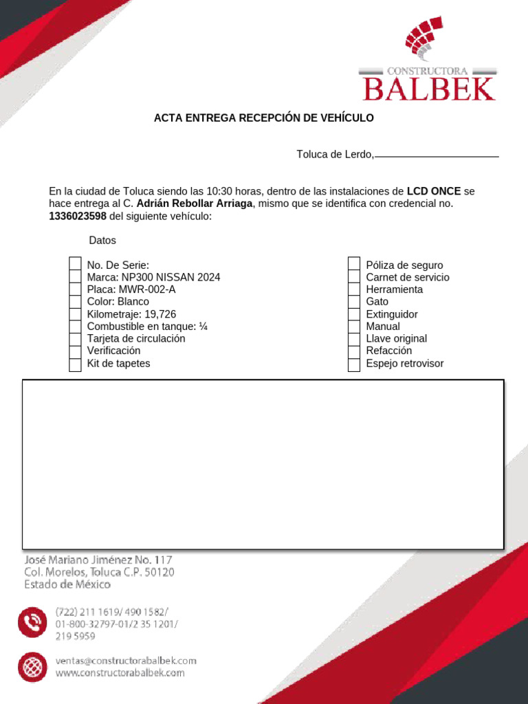 Acta Entrega Recepción de Vehiculo | PDF