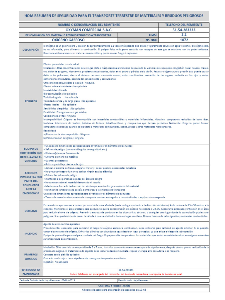 FORMATO DE LA HOJA RESUMEN DE SEGURIDAD PARA EL TRANSPORTE TERRESTRE DE MATERIALES Y RESIDUOS ...