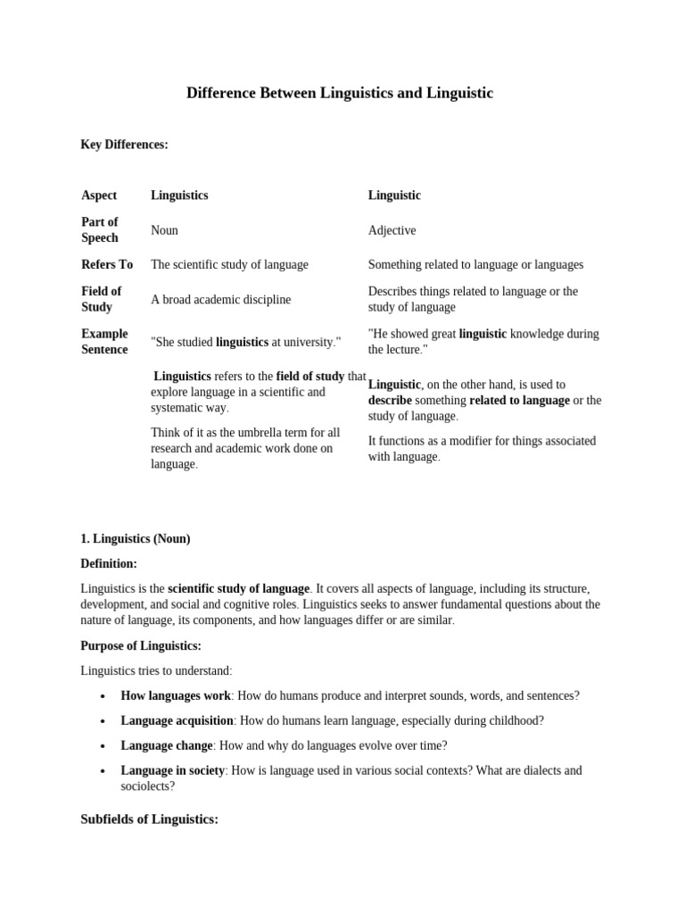 Difference Between Linguistics and Linguistic | PDF | Linguistics | Semantics