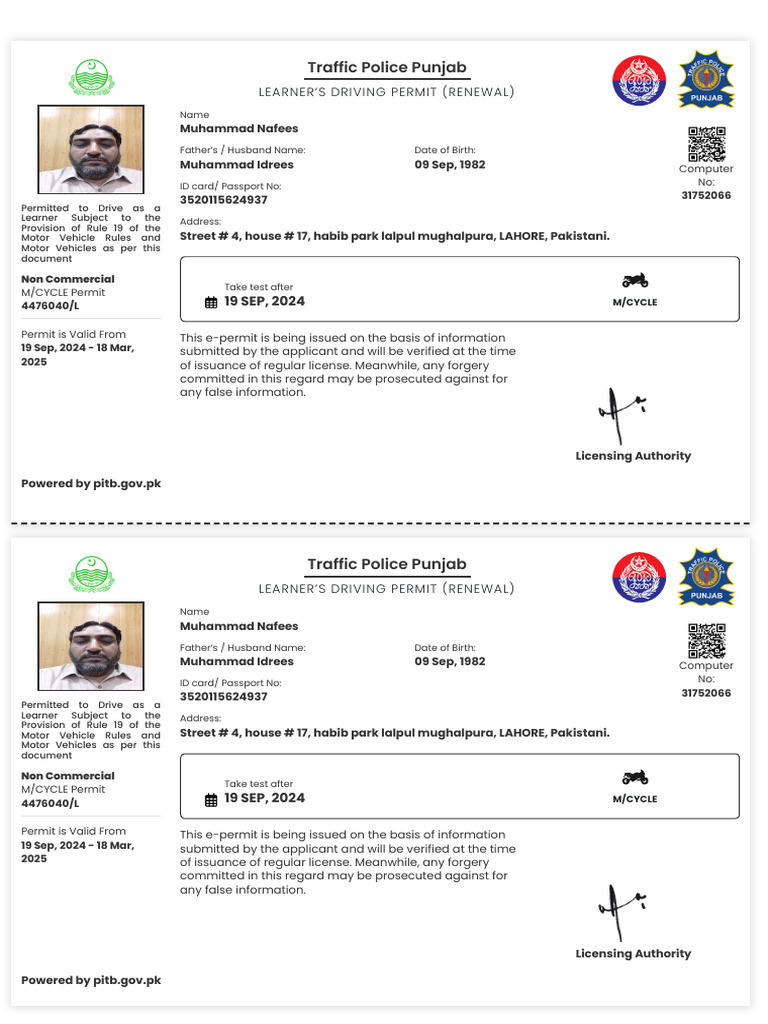 Learner's Motorcycle Permit Renewal | PDF | Identity Document ...