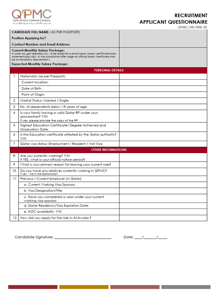 Recruitment Questionnaire_Non Qatari | PDF