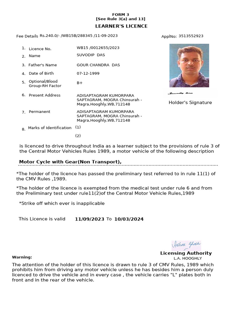 Learner'S Licence: Form 3 (See Rule 3 (A) and 13) | PDF
