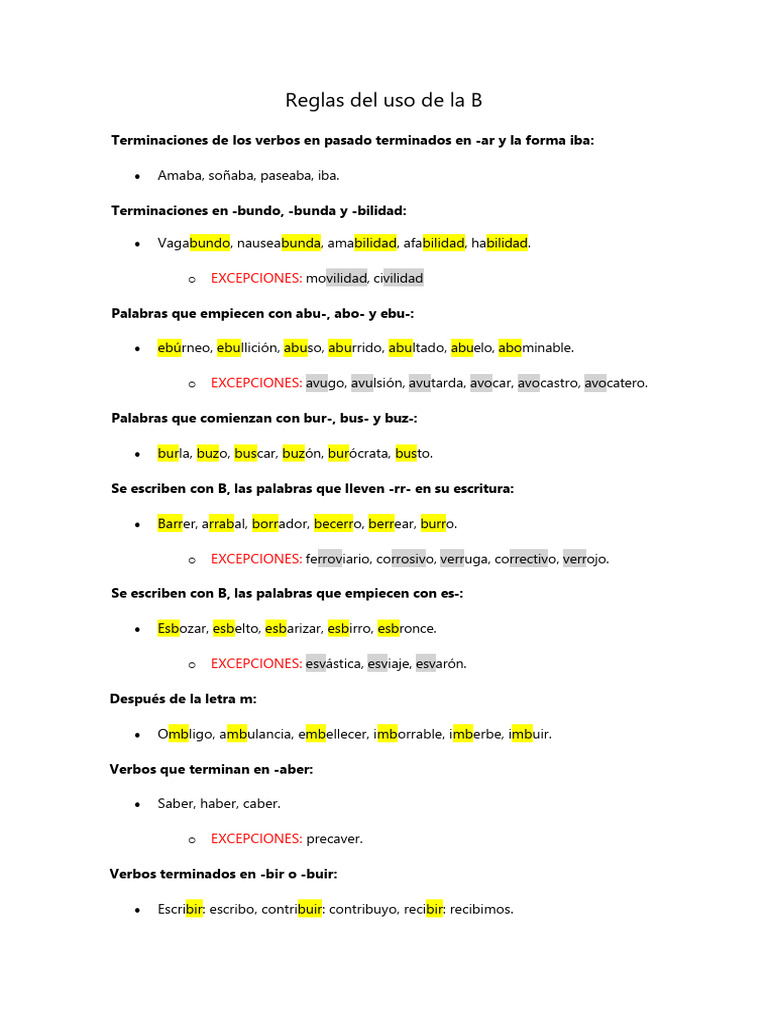 Reglas Del Uso de La B: Excepciones | PDF
