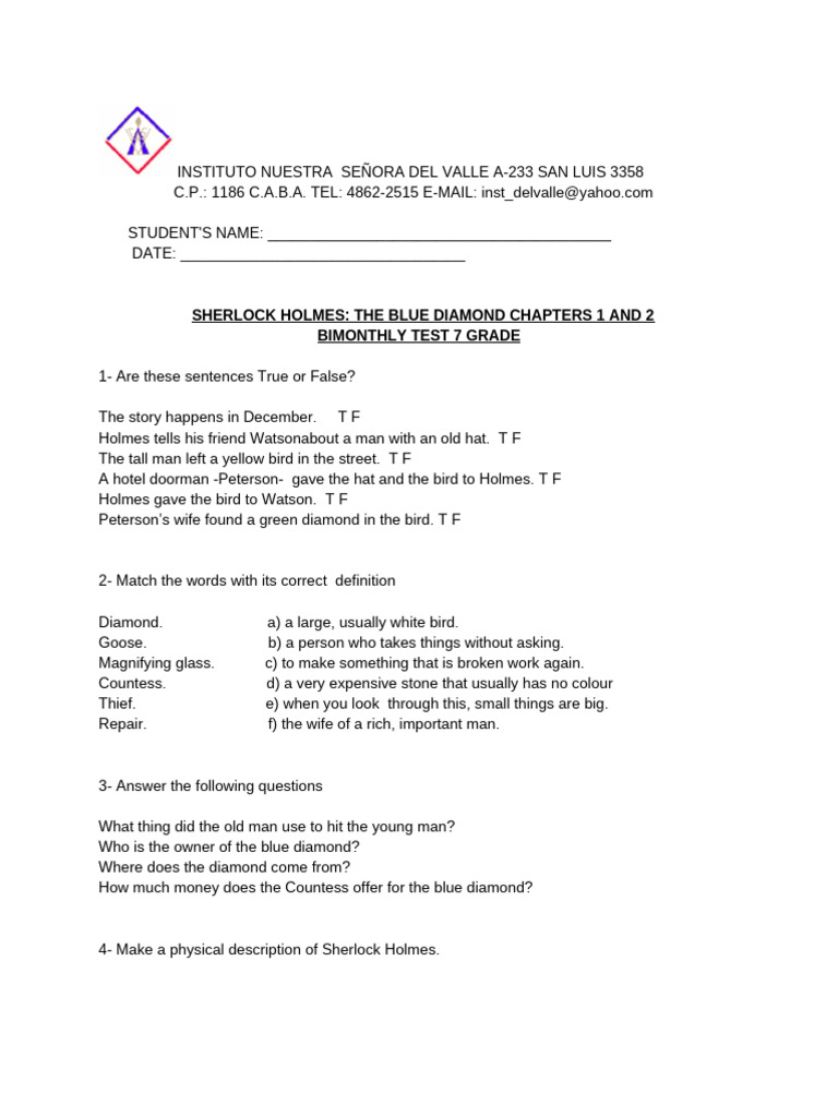 7th Grade Test: Sherlock Holmes Chapters 1-2 | PDF