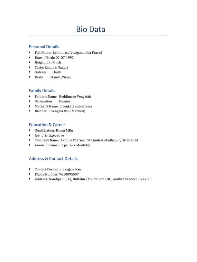 Bio Data of Reddimasu Prasad | PDF