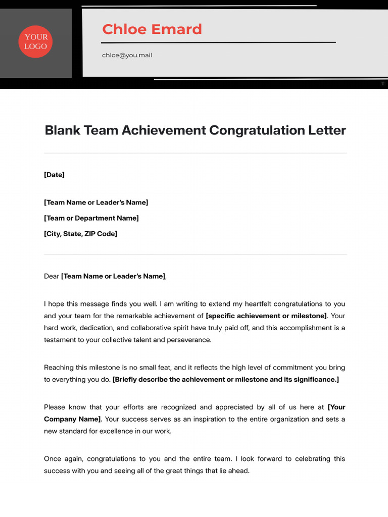 Blank Team Achievement Congratulation Letter Template | PDF
