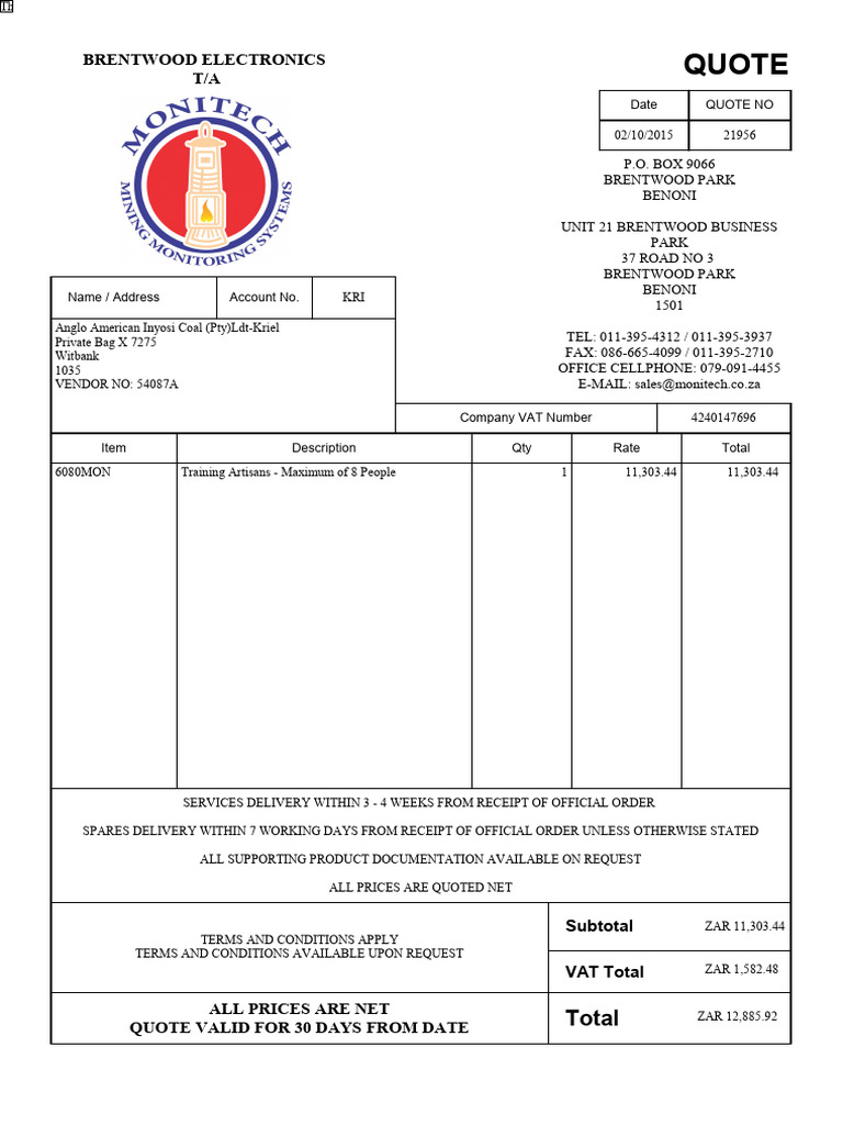 Est 21956 From Monitech Mining Monitoring Systems 5028 | PDF | Payments ...