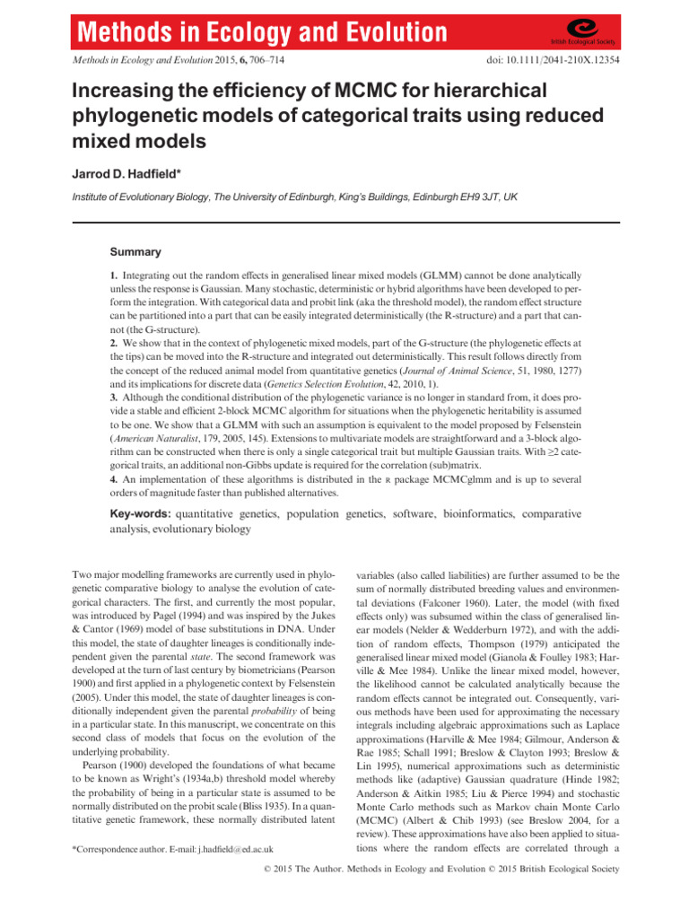 Hadfield 2015- Increasing the efficiency of MCMC for hierarchical phylogenetic models of ...