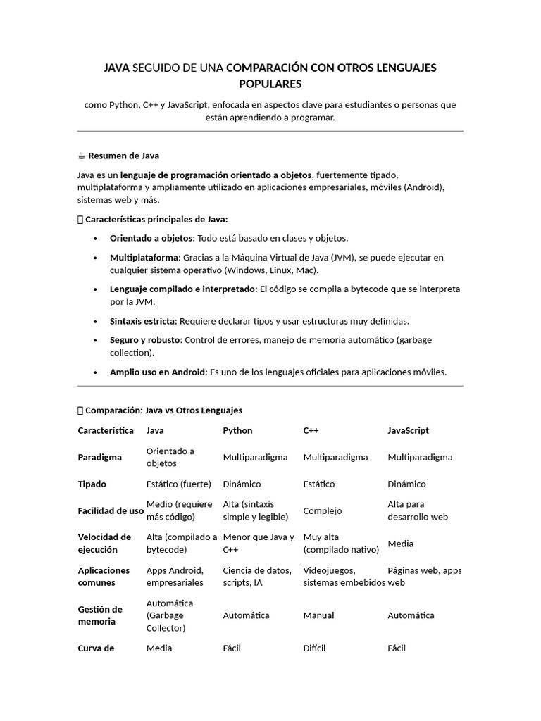 Java Seguido de Una Comparación Con Otros Lenguajes Populares | PDF ...
