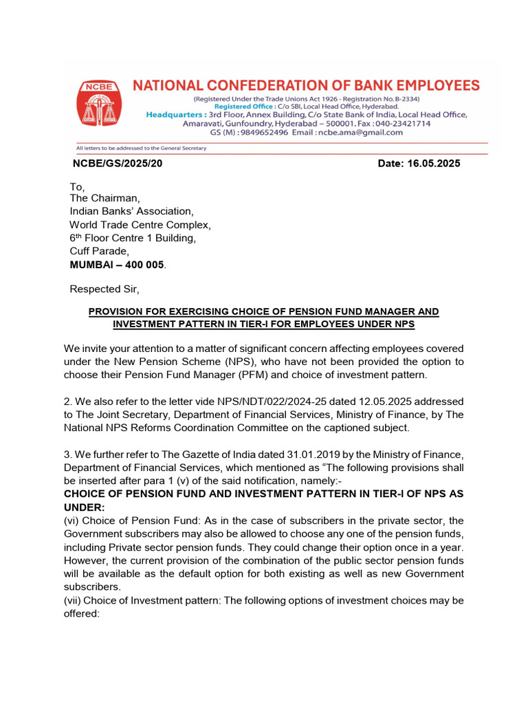 NCBE Letter No. 20 Chairman, IBA - Choice of Pension Fund Manager and Invsetment Pattern in NPS ...