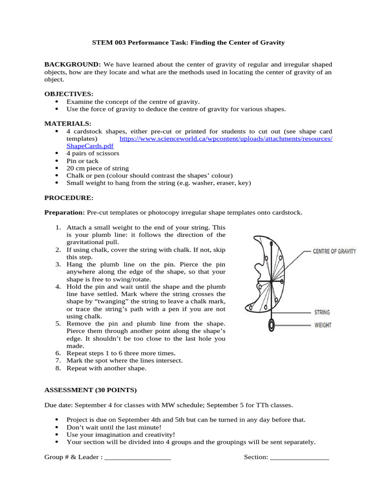 Locating The Center of Gravity - STEM 003 Performance Task | PDF | Center Of Mass