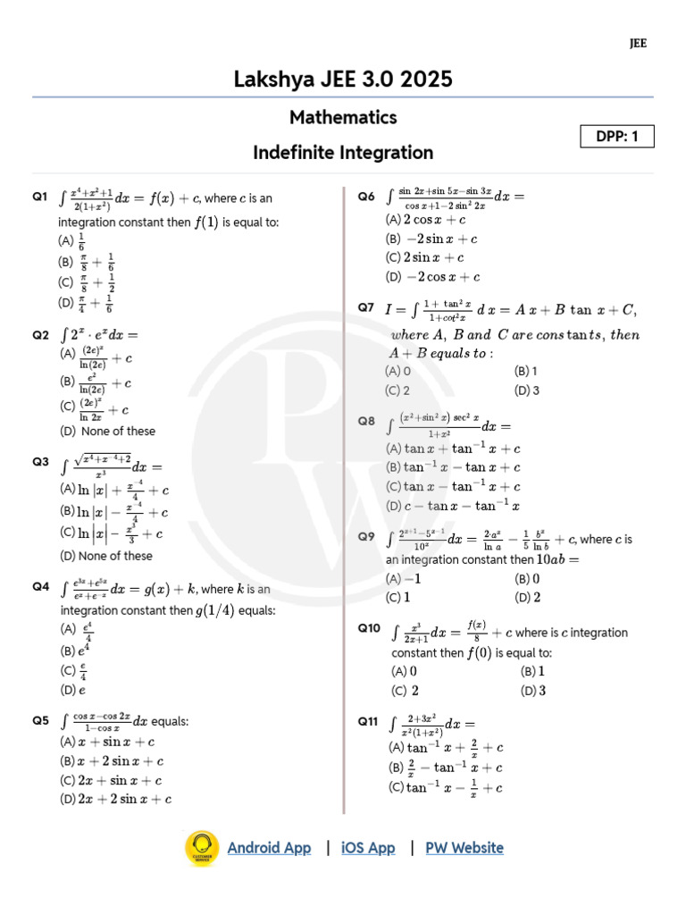 Indefinite Integration - DPP 01 | PDF