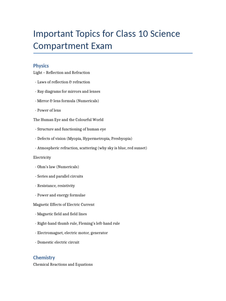 Important Topics Class 10 Science Compartment | PDF