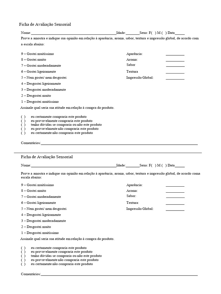 Ficha De Avaliação Sensorial De Alimentos Pdf