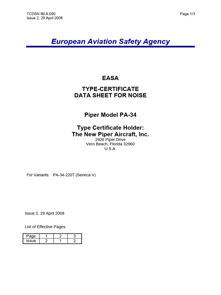 Noise EASA TCDS A.090 - (IM) - Piper - PA 34 220T - Seneca - V 02 ...