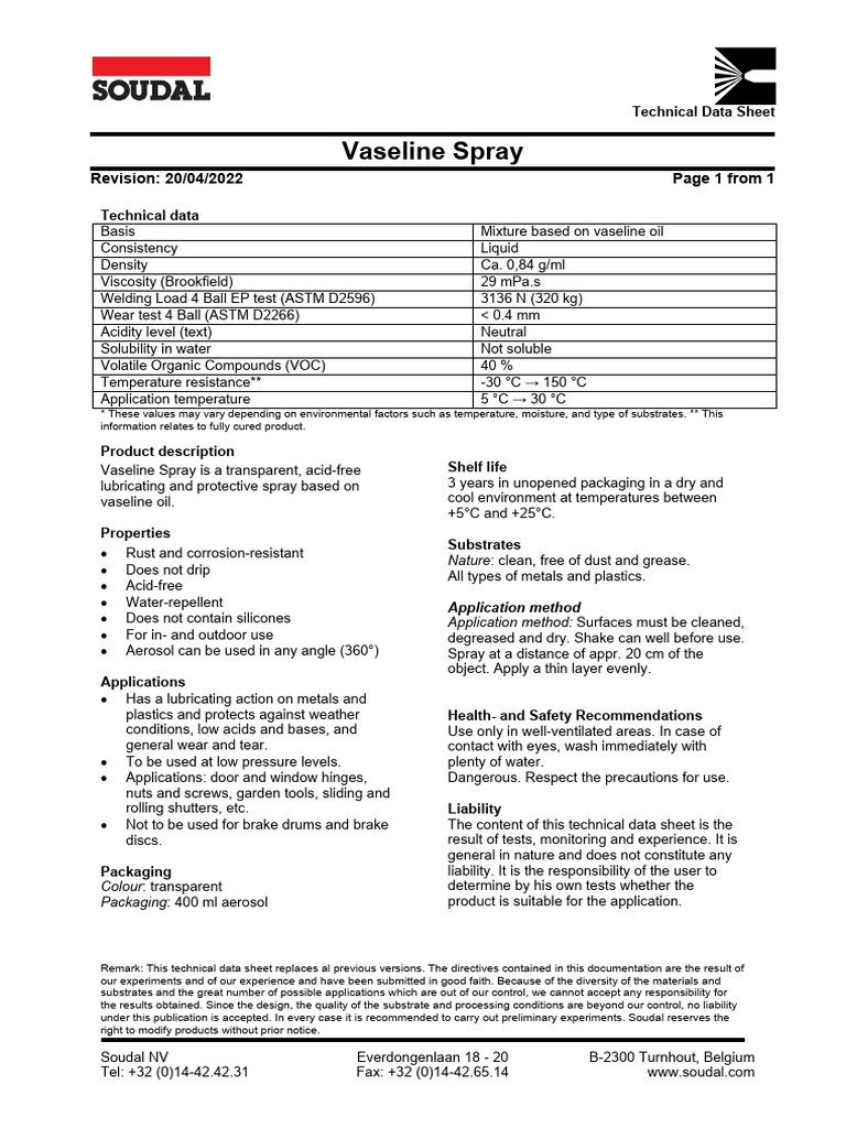 Soudal Vaseline Spray Datasheet | PDF | Applied And Interdisciplinary ...