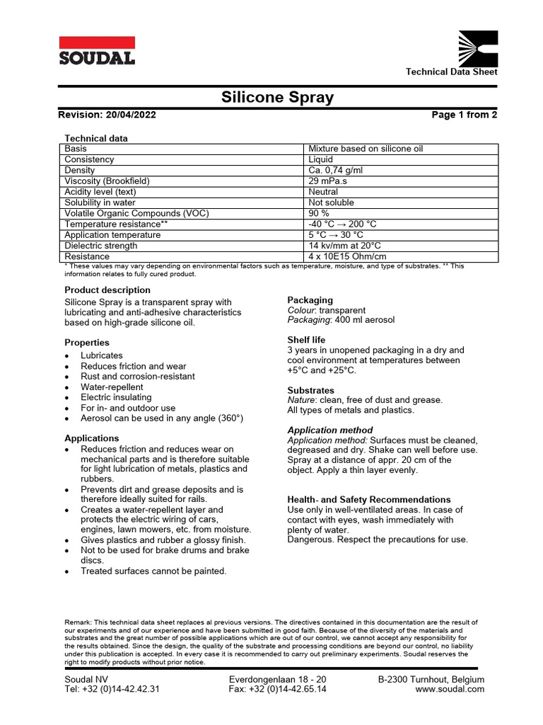 Soudal Silicone Spray Datasheet | PDF | Silicone | Corrosion