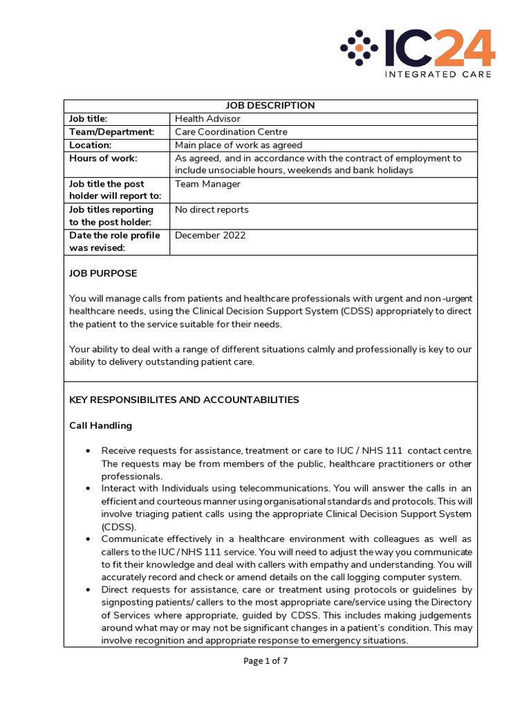 Health Advisor Job Description | PDF