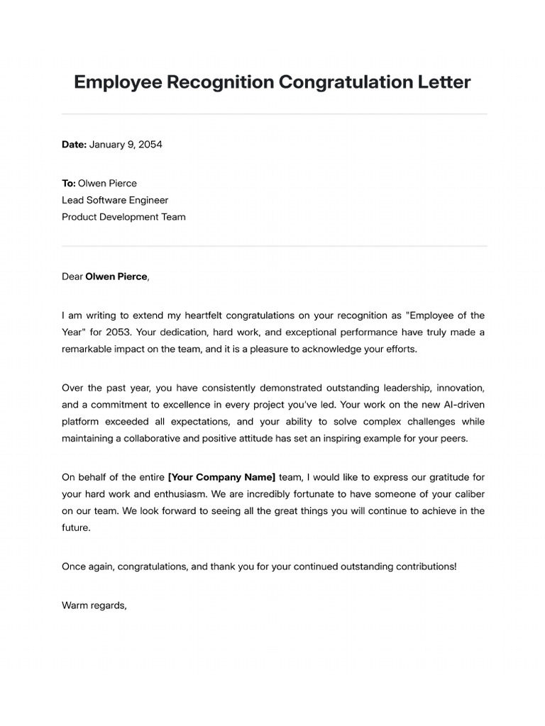 Employee Recognition Congratulation Letter Template | PDF