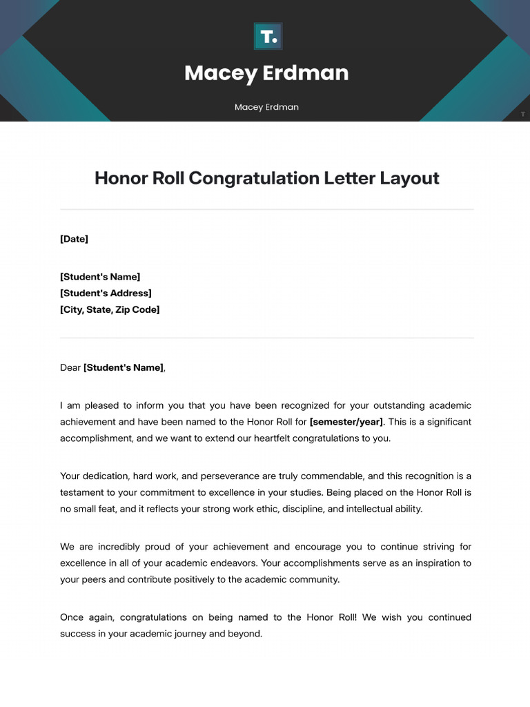 Honor Roll Congratulation Letter Layout Template | PDF
