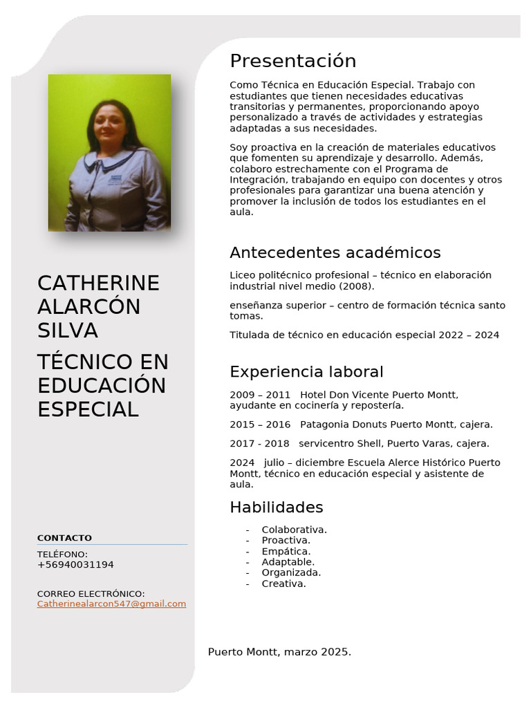 curriculum catherine alarcon 2025555555555 | PDF | Enseñando | Educación especial
