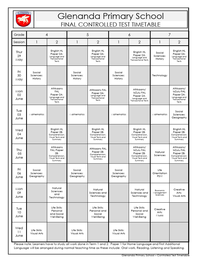 Glenanda Primary School Exam Timetable 2025 | PDF | Applied Linguistics ...