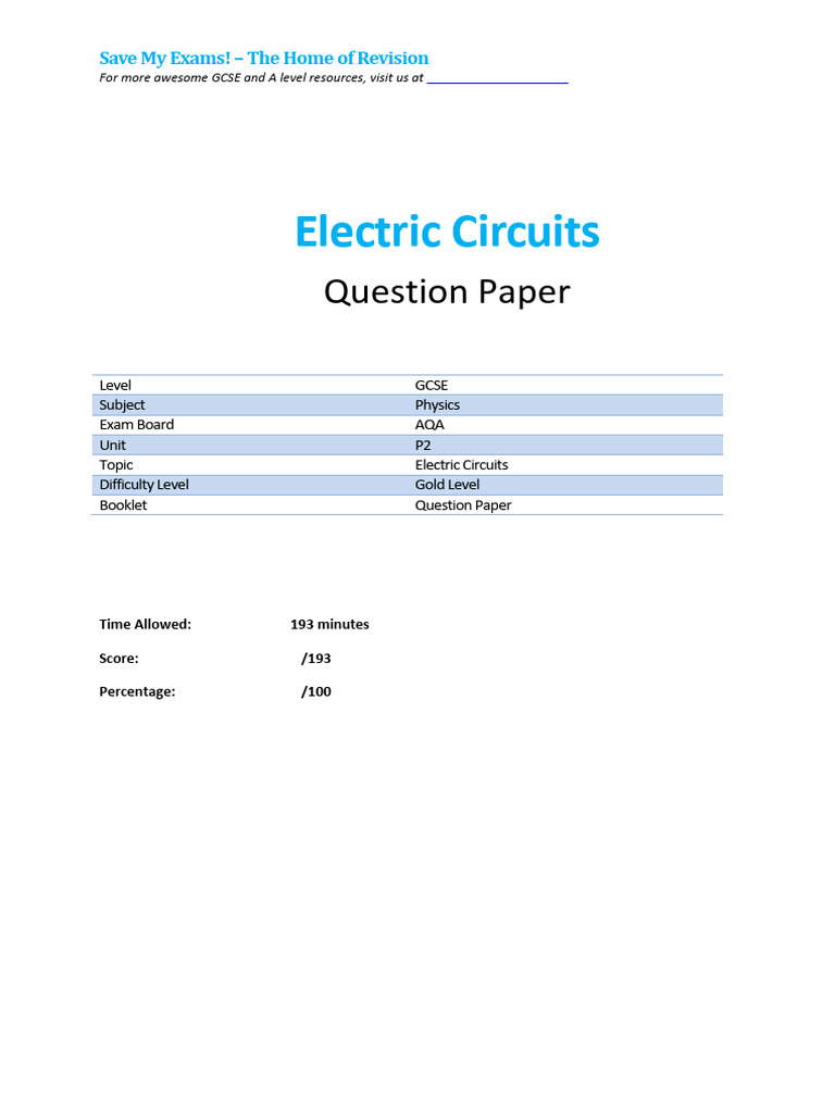 p2 - Electric Circuits - High Demand - QP Aqa-Gcse-Physics | PDF ...