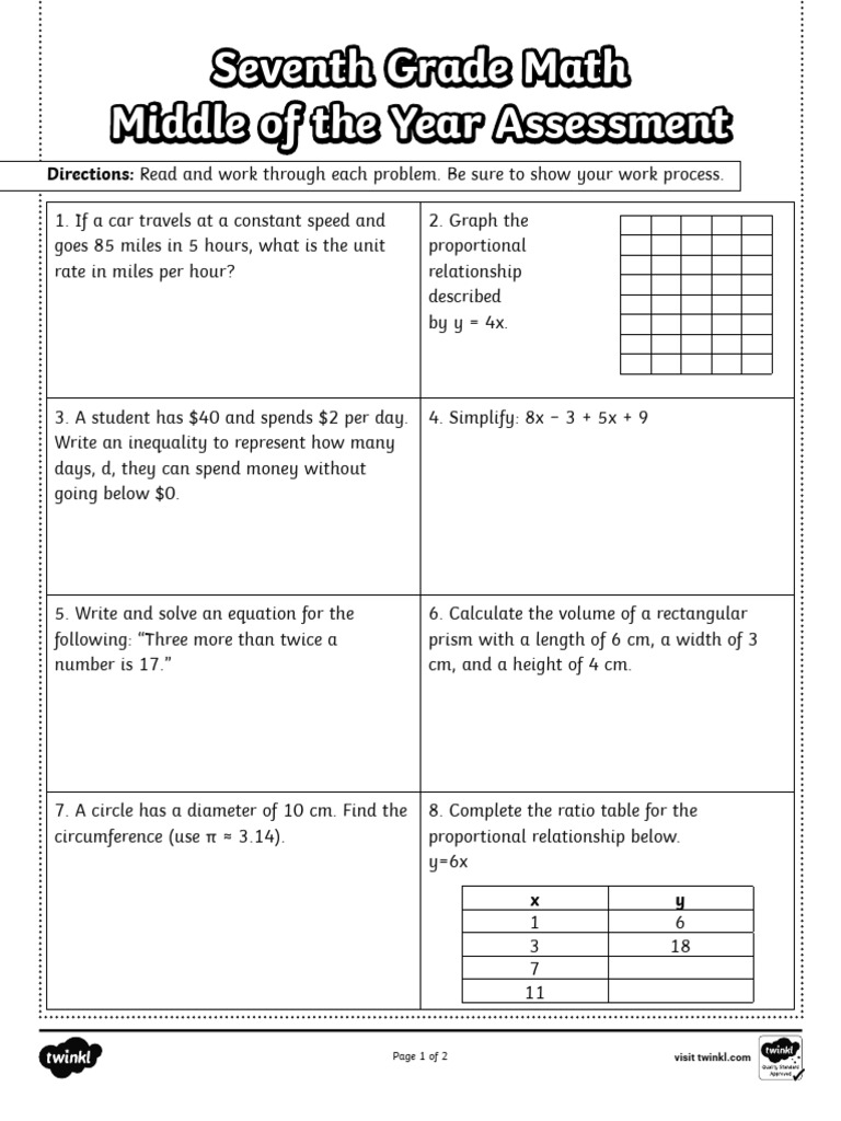 Seventh Grade Math Middle of The Year Assessment | PDF | Area | Pi