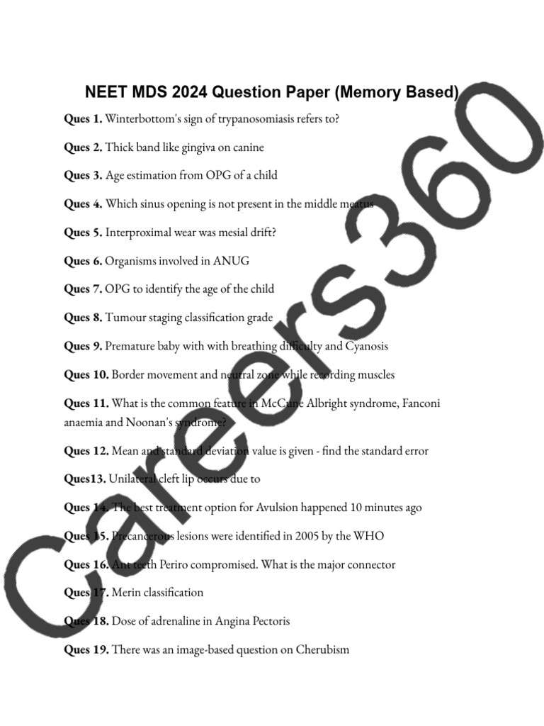 NEET MDS 2024 Question Paper Memory Based Watermark | PDF | Clinical ...
